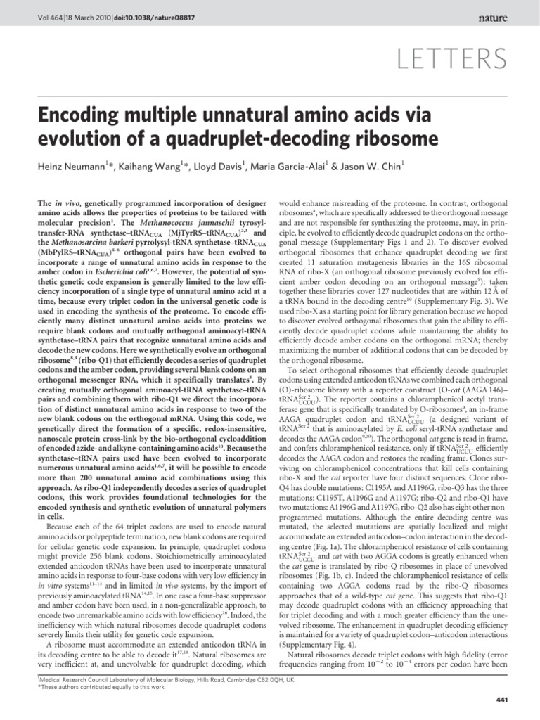 Encoding Multiple Unnatural Amino Acids Via Evolution of A Quadruplet-Decoding Ribosome | PDF ...