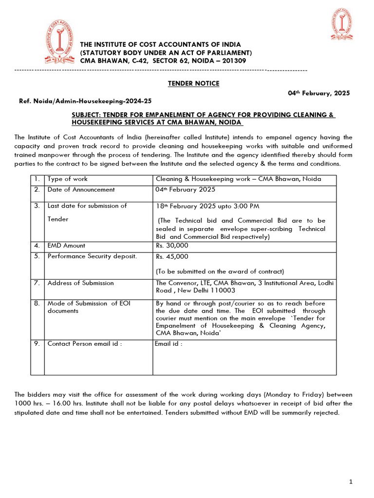 Tender for Housekeeping Services at CMA Bhawan | PDF | Payments | Employment