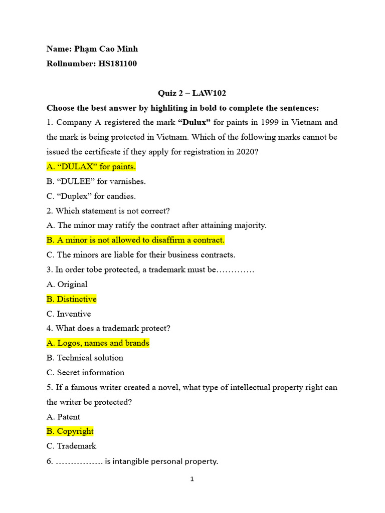 Mkt1811dig Quiz2 Law102 PH Mcaominh | PDF | Private Law | Common Law