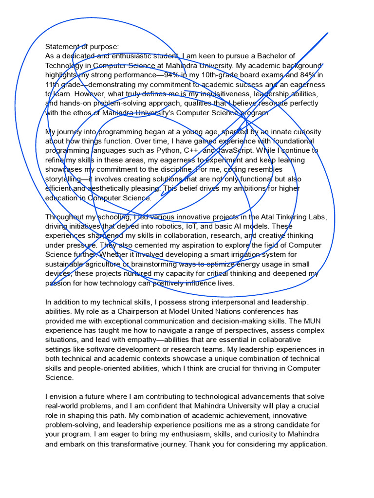 Gangireddy Rishith Reddy Statement of Purpose | PDF | Leadership | Science