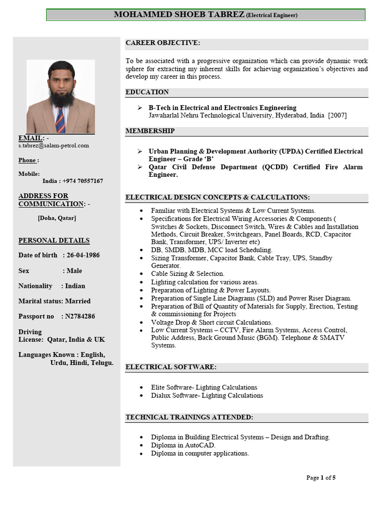 Mohamed Shoeb: Electrical Engineer Profile | PDF | Electric Power ...