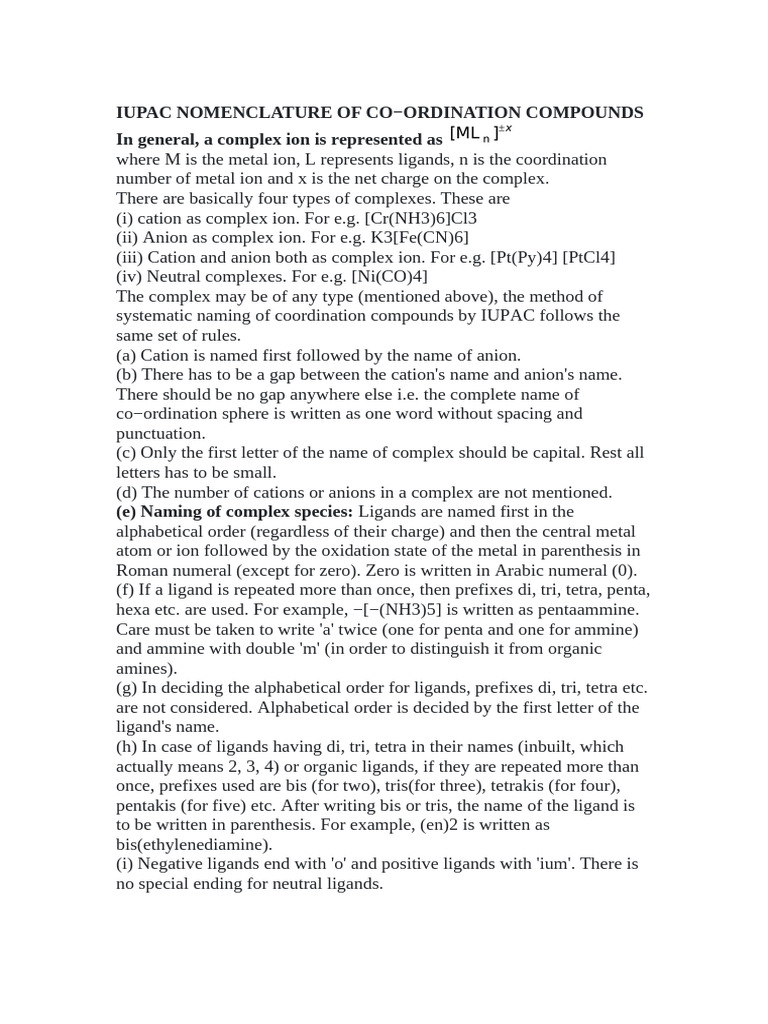 IUPAC Nomenclature of CO Ordination Compounds | PDF