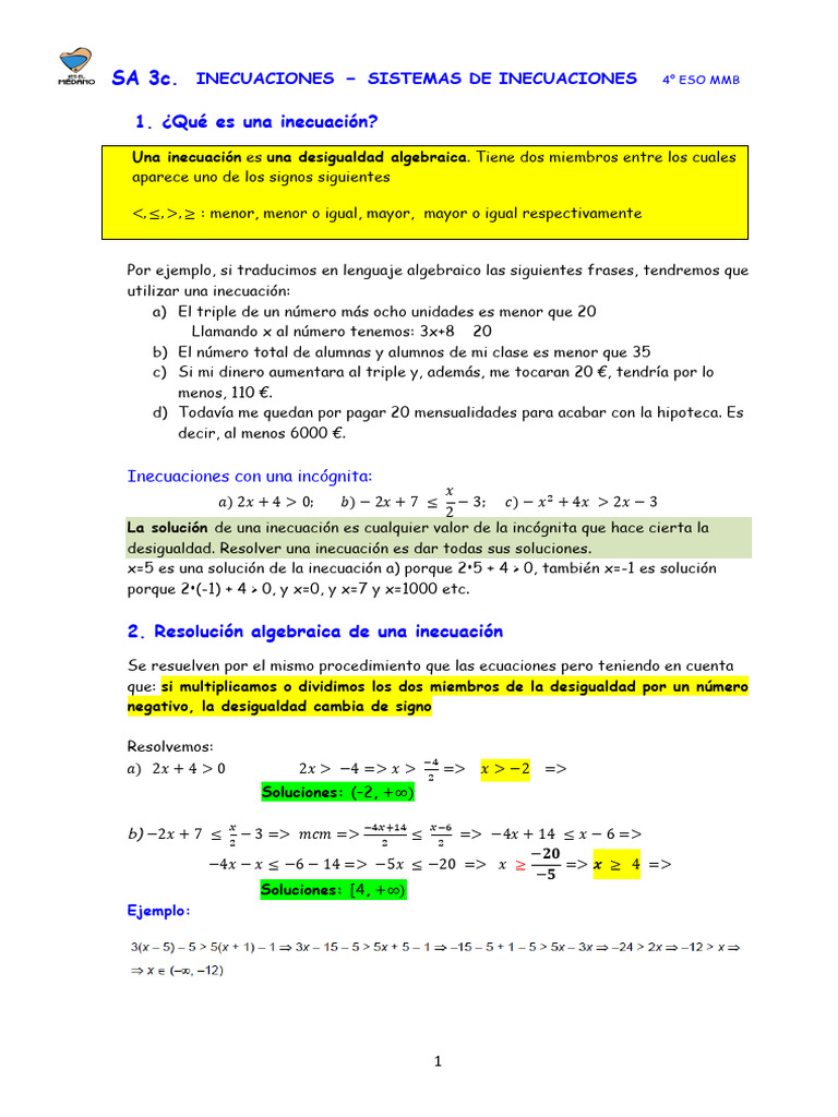 SA 3c. Inecuaciones y Sistemas de Inec | PDF | Desigualdad (Matemáticas) | Matemática Elemental