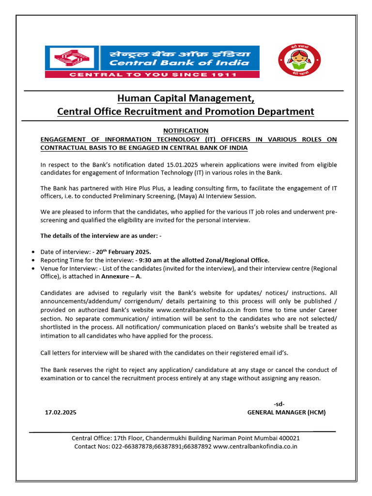 IT Officer Interview Notification - Central Bank | PDF