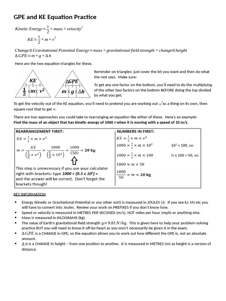 GPE and KE Equation Practice QUESTIONS | PDF | Kinetic Energy | Mass