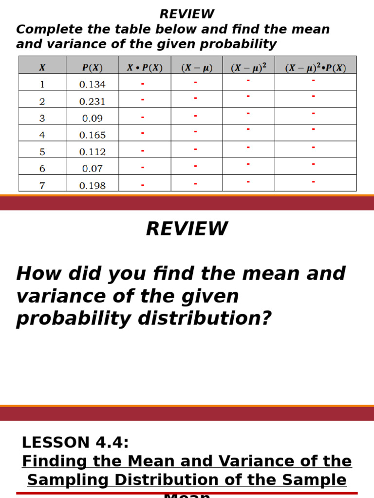 Lesson 4 4 Finding The Mean And Variance Of The Sampling Distribution