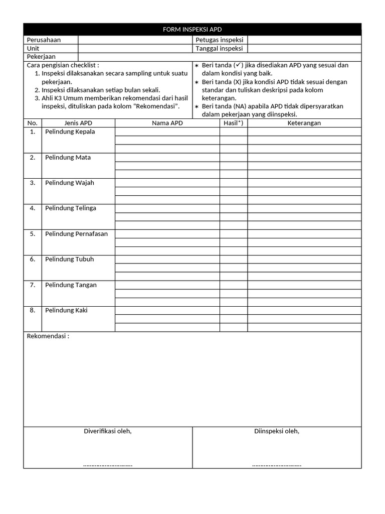 Form Inspeksi APD Bulanan | PDF