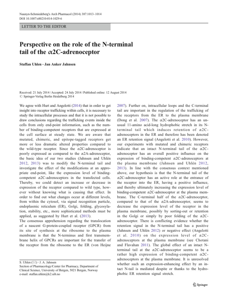 N-terminal Tail Role in α2C-Adrenoceptor | PDF | Endoplasmic Reticulum ...