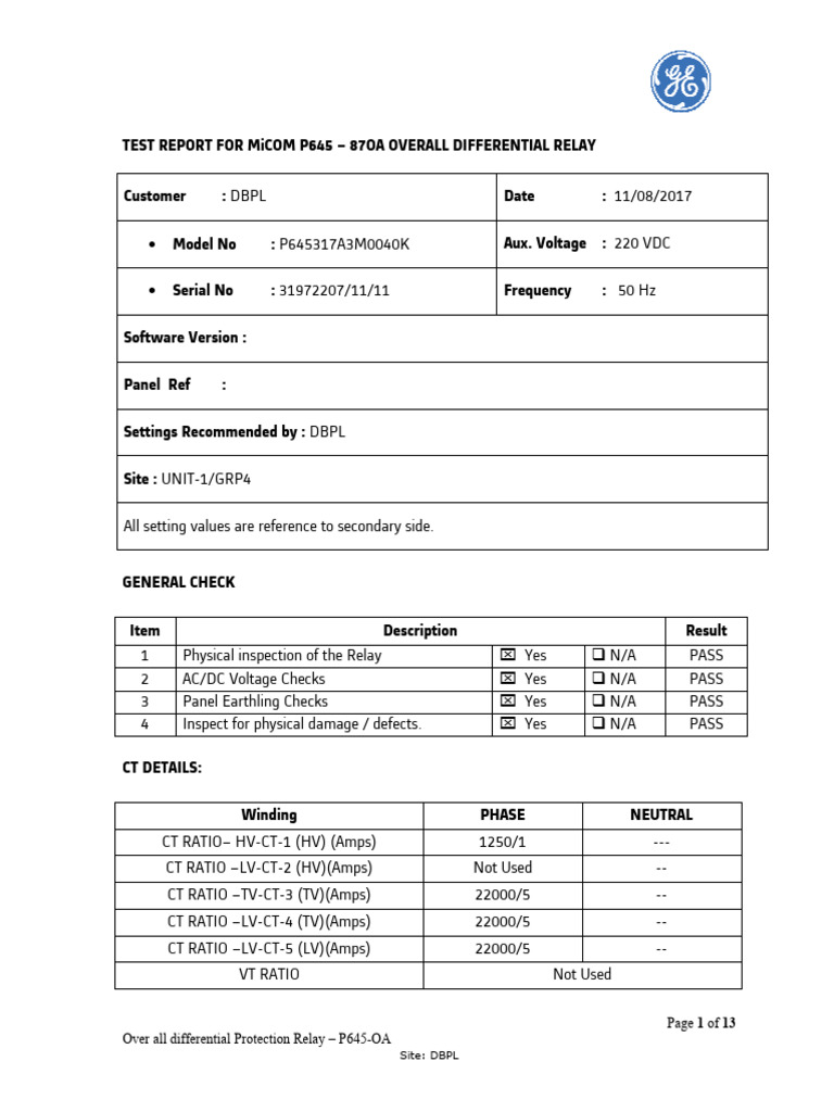 MiCOM P645 Differential Relay Test Report | PDF | Power (Physics ...