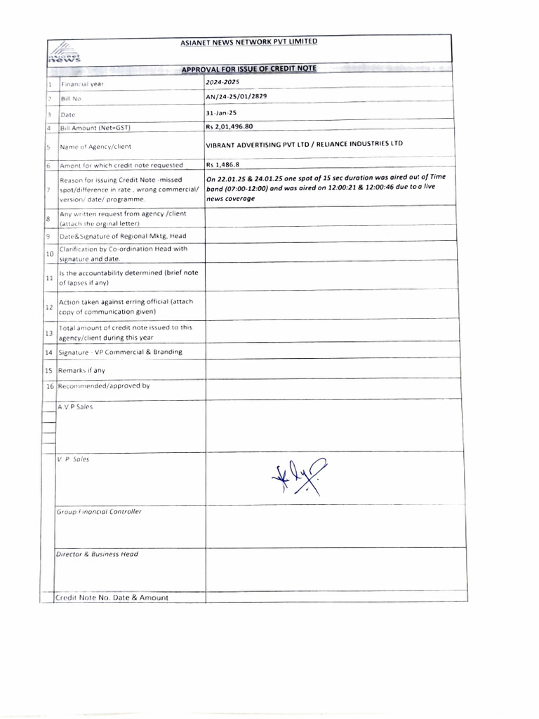 Credit Note Approval Process Document | PDF