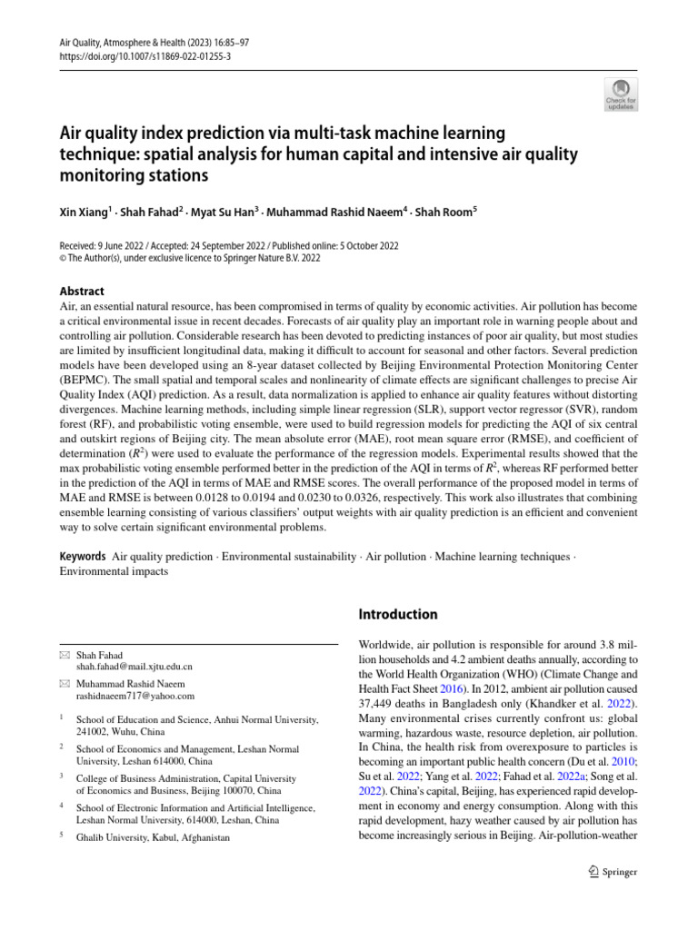 Air Quality Index Prediction via Multi‑Task Machine Learning | PDF | Support Vector Machine ...