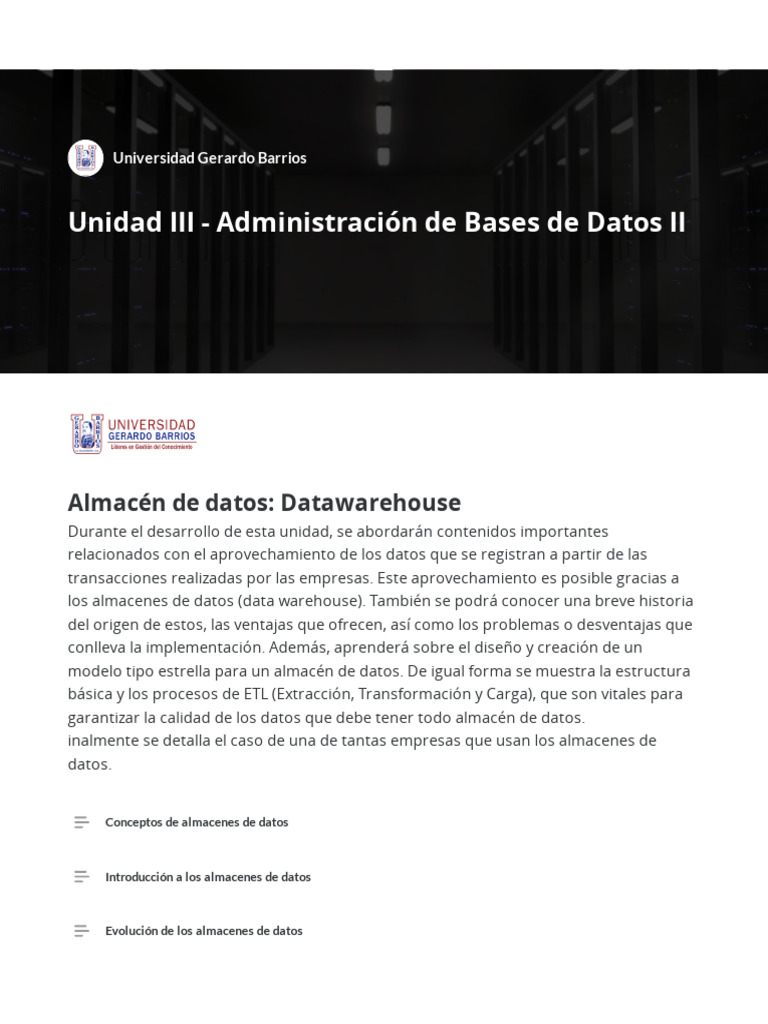 Unidad III Administracion de Bases de Datos II | PDF | Almacén de datos ...