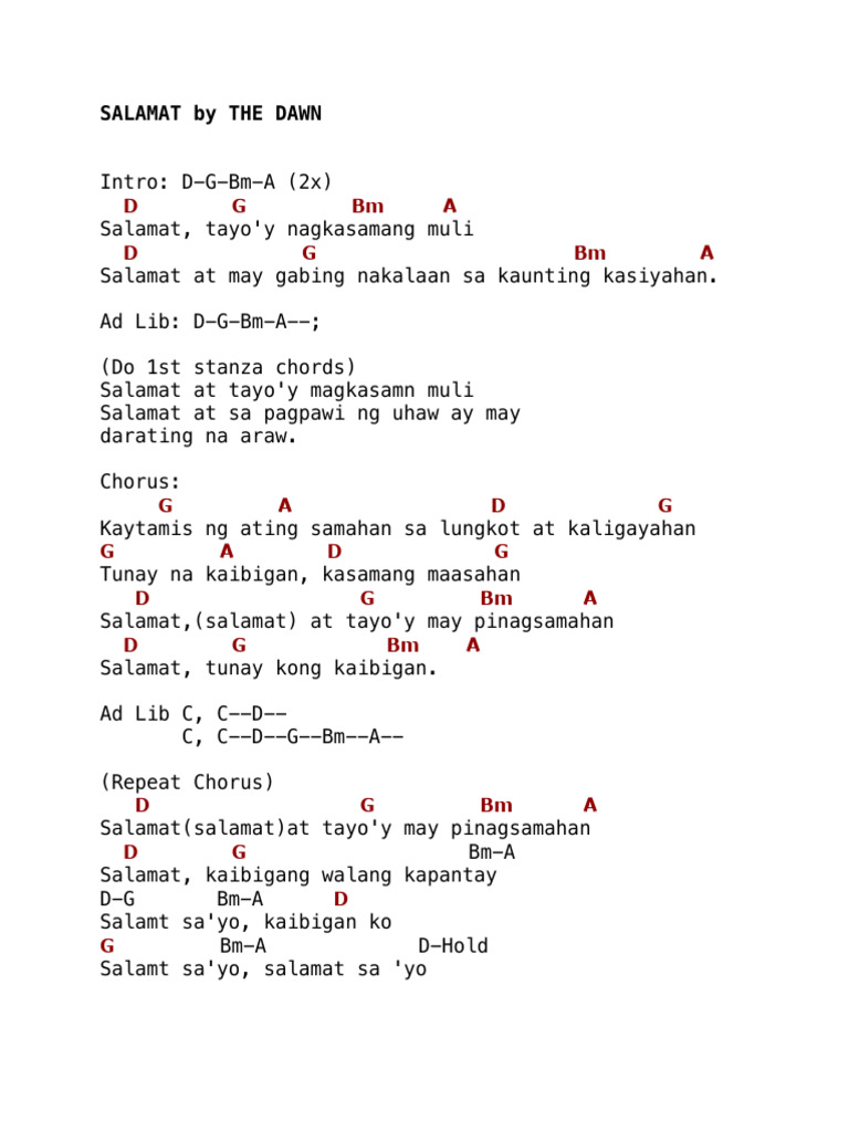 Salamat Chords The Dawn | PDF