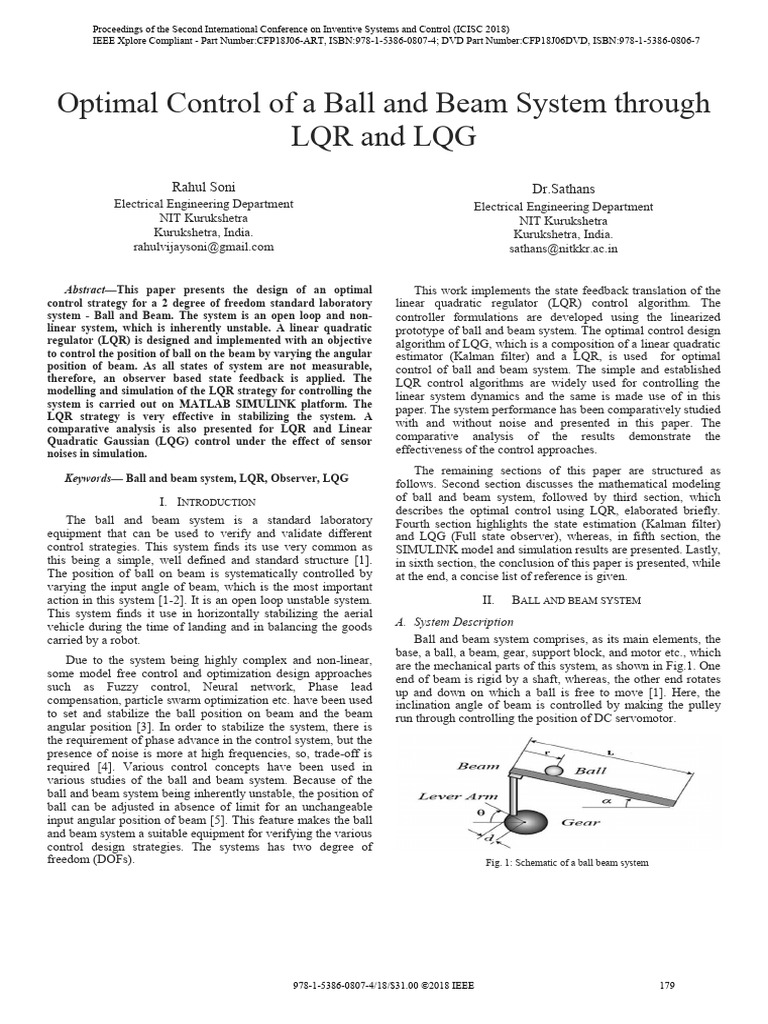 Optimal Control of a Ball and Beam System Through LQR and LQG | PDF | Kalman Filter | Matrix ...