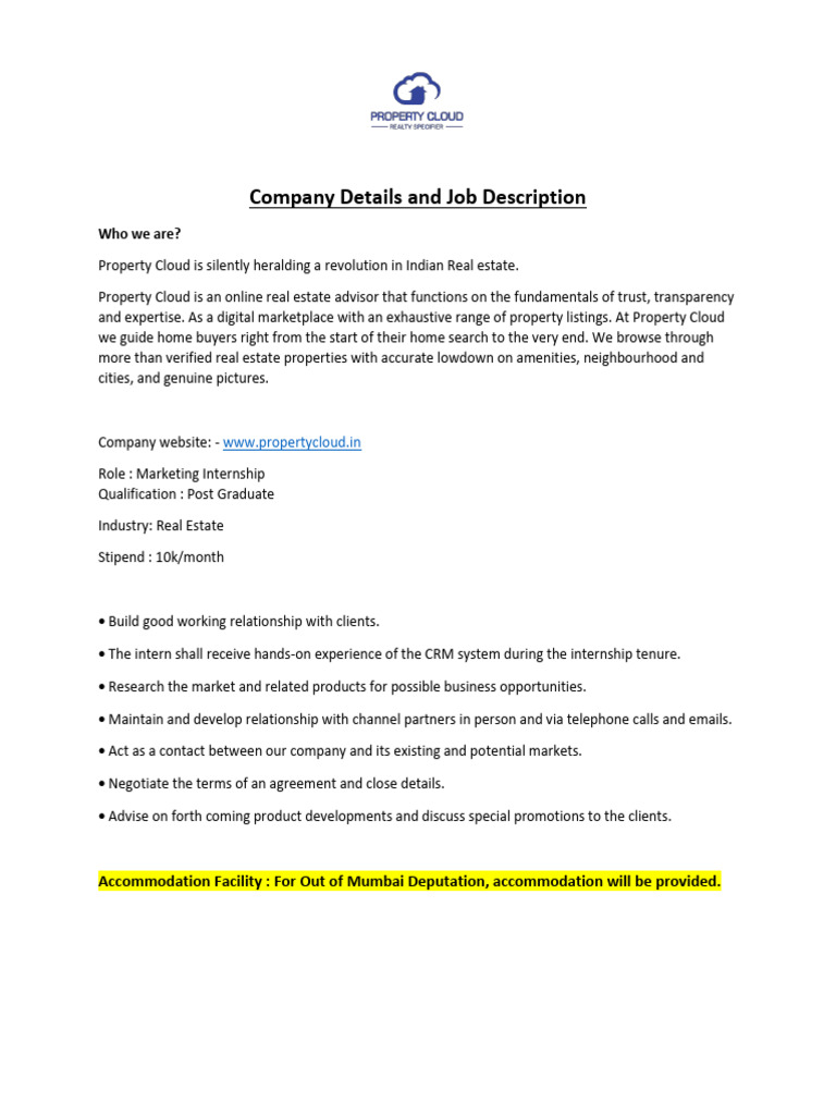 Internship JD Company Details Property Cloud | PDF | Economies | Business
