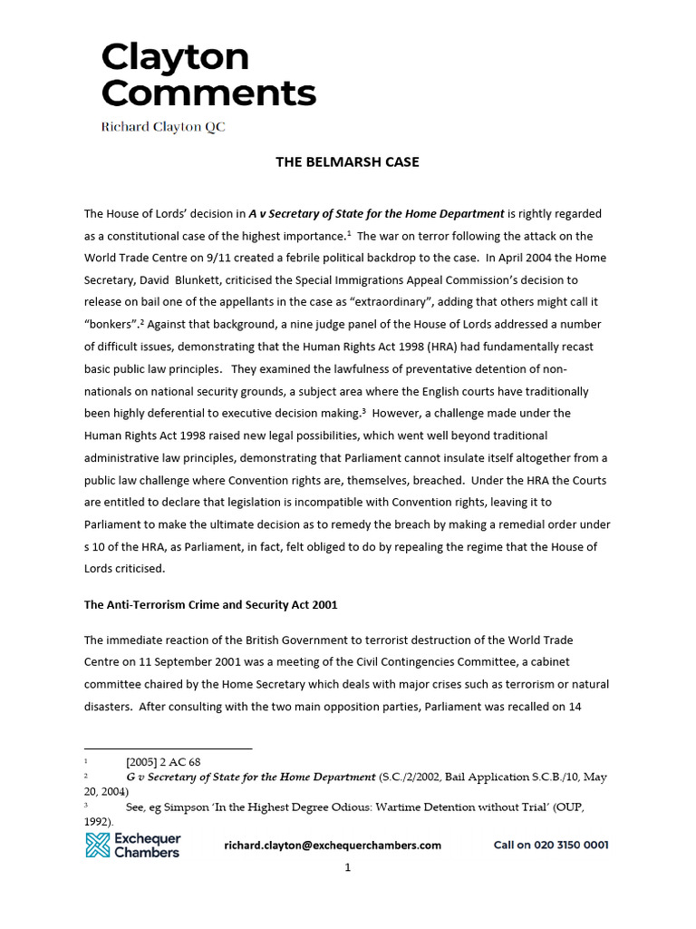 The Belmarsh Case Clayton Comments | PDF | Government | Public Law