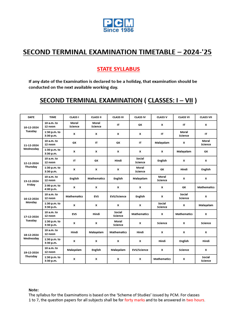Second Terminal Examination Timetable For State Class 1 To 7 2024 New | PDF