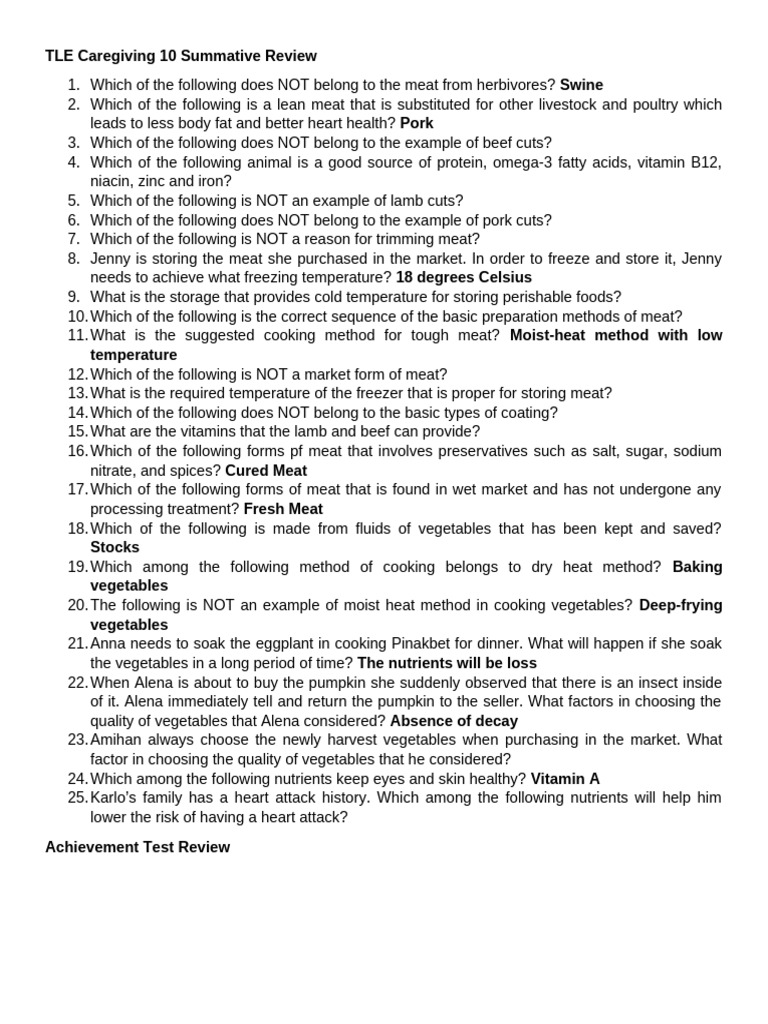 TLE Caregiving 10 Summative Review | PDF | Meat | Beef