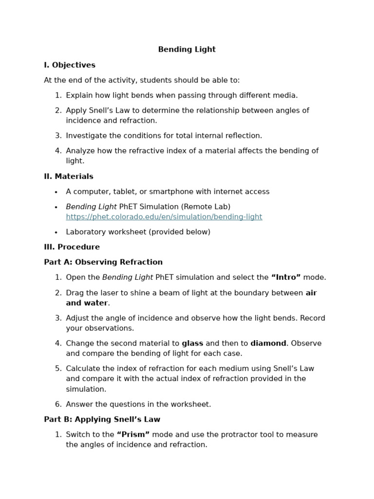Lab Activity Bending Light | PDF | Refraction | Refractive Index