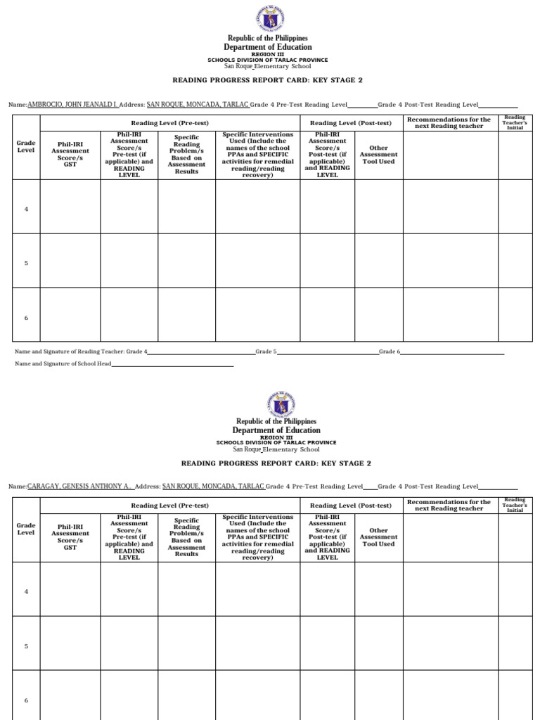 Grade 4 Reading Progress Report Card | PDF | Philippines | Public ...