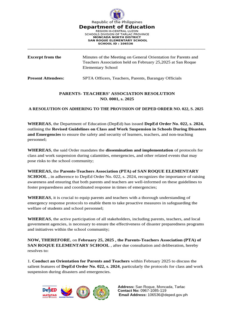 PTA RESOLUTION & Narrative Report | PDF | Emergency Management