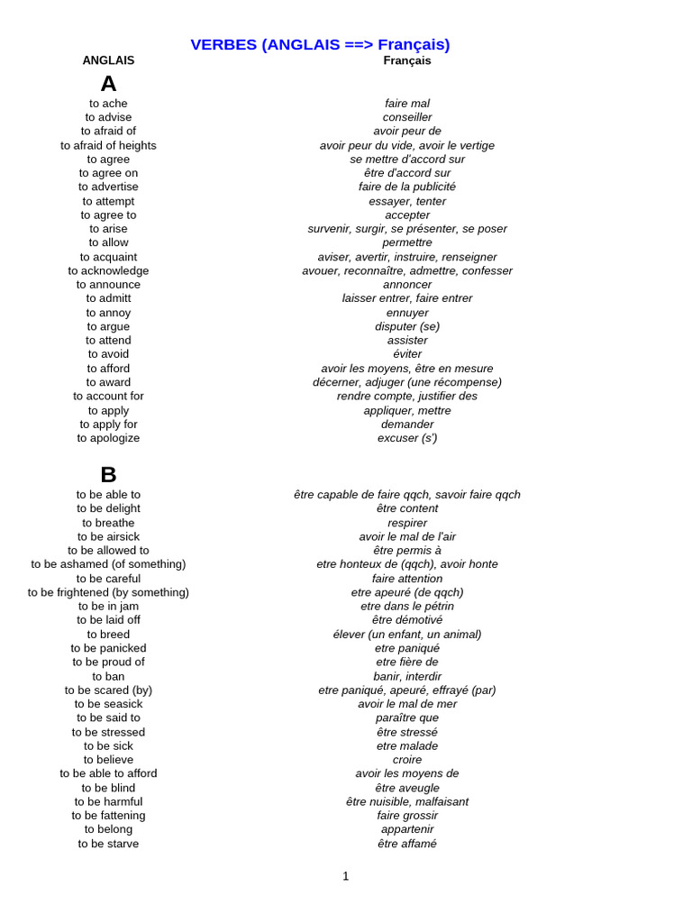 Liste des verbes anglais et traductions | PDF