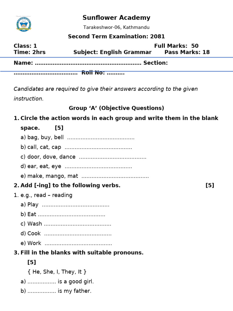 Class 1 English Grammar | PDF | English Grammar | English Language