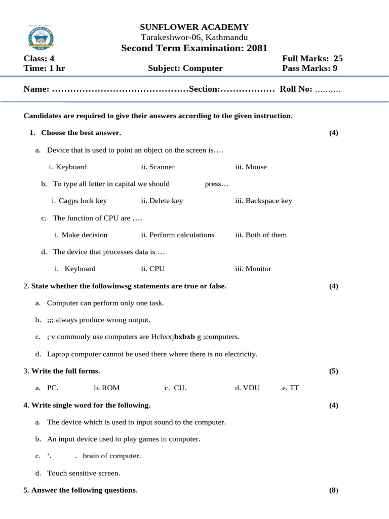 Class 4 Computer Exam Paper 2081 | PDF