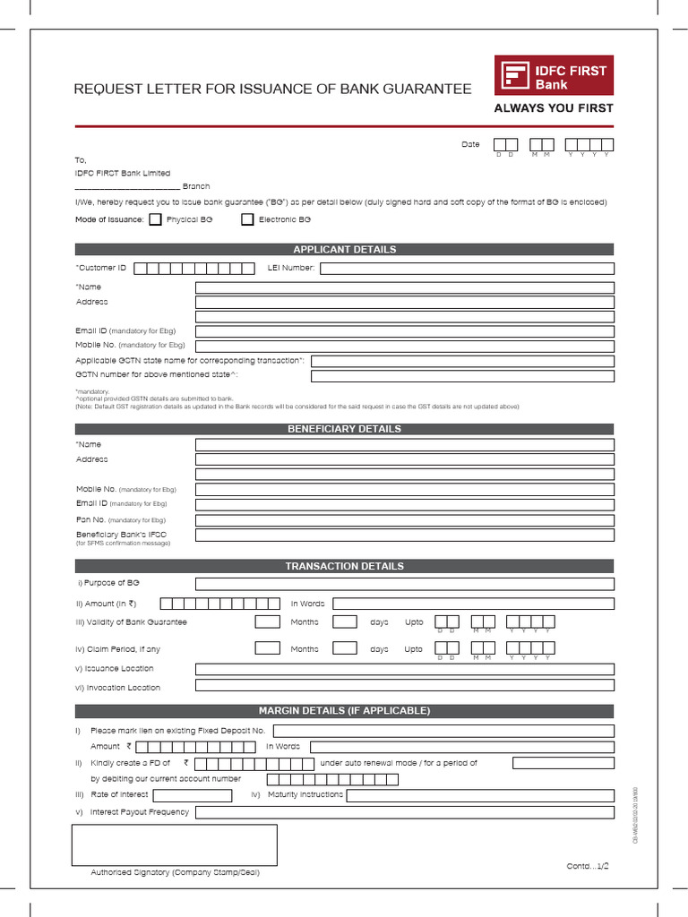 Bank Guarantee Issuance Request Form | PDF | Financial Services ...