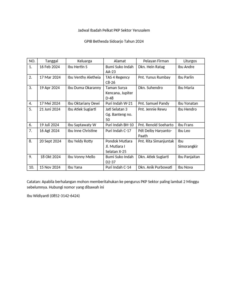 Jadwal Ibadah PKP Yerusalem 2024 | PDF