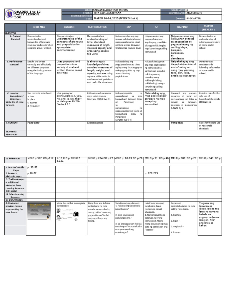 DLL - All Subjects 2 - Q4 - W5 - D4 | PDF