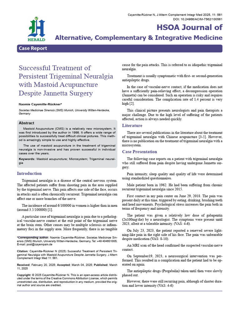 Successful Treatment of Persistent Trigeminal Neuralgia With Mastoid ...
