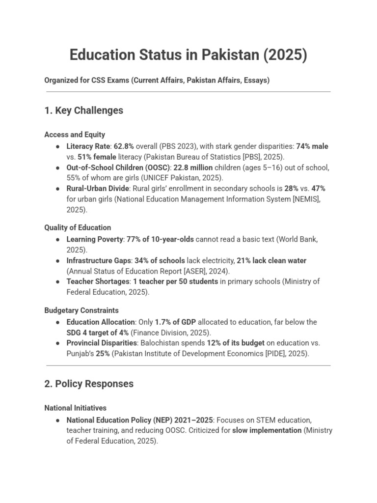 Pakistan Education System Overview 2025 | PDF | Literacy | Poverty