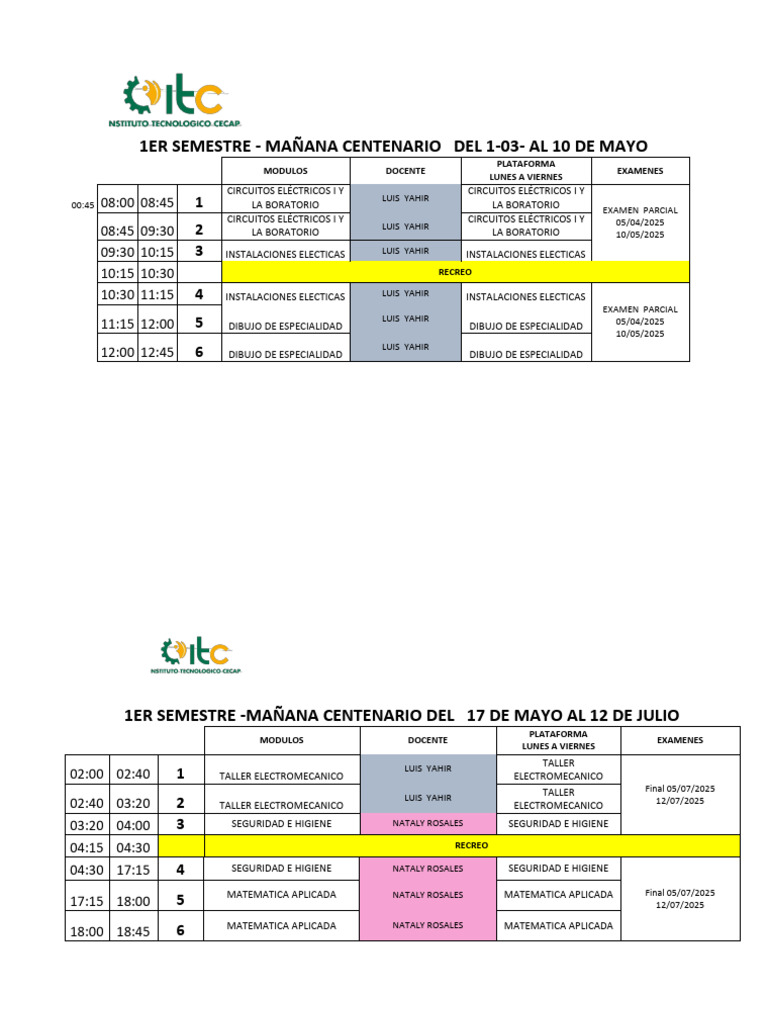HORARIO ELECTRICIDAD SABADO Primer Semetre Centenario | PDF