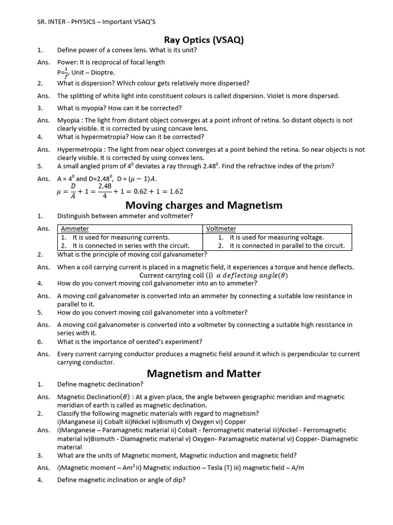 VSAQ Questions for sr. Inter physics - Pre final -new | PDF | Photoelectric Effect | Magnetism