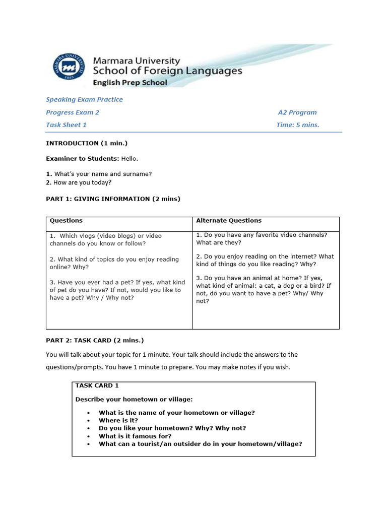 A2 Speaking Exam Practice Guide | PDF