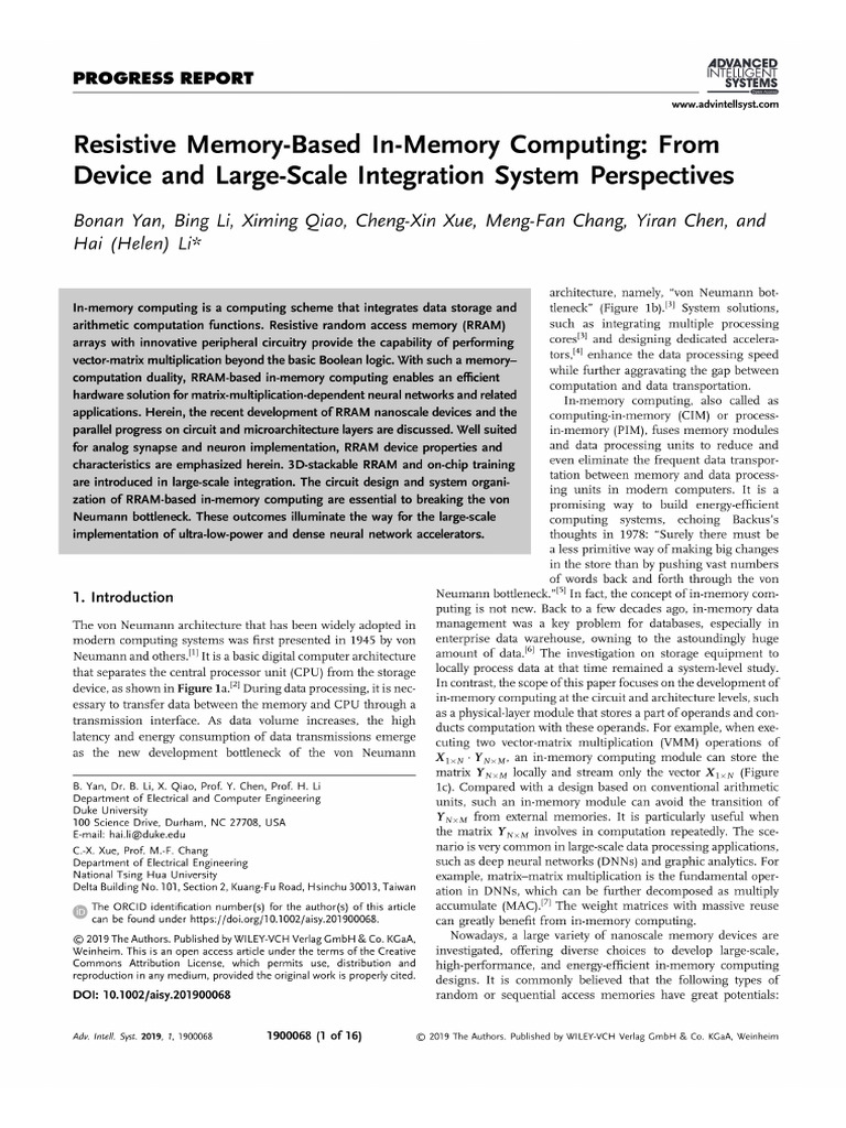 Resistive Memory Based in Memory Computing - From Device and Large ...