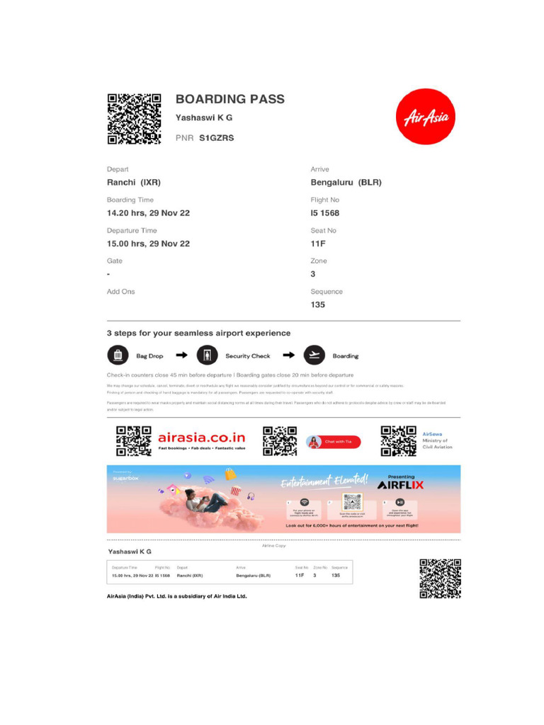 Boarding Pass IXR To BLR | PDF