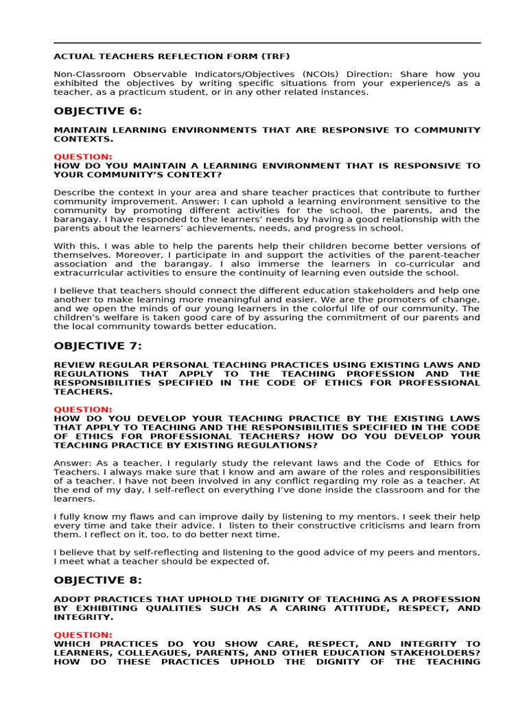Teachers Reflection Form 2024 2025 | PDF | Teachers | Learning