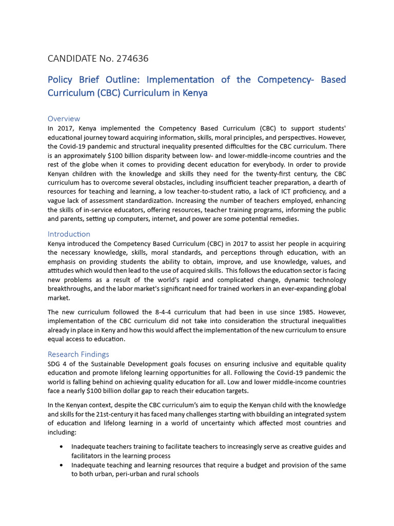 Implementation of the Competency- Based Curriculum (CBC) Curriculum in Kenya | PDF | Economies