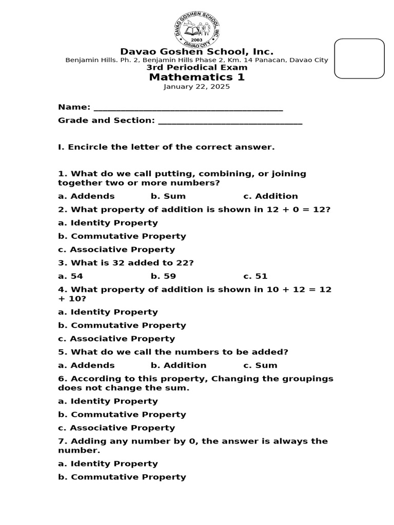 math exam | PDF | Division (Mathematics) | Multiplication