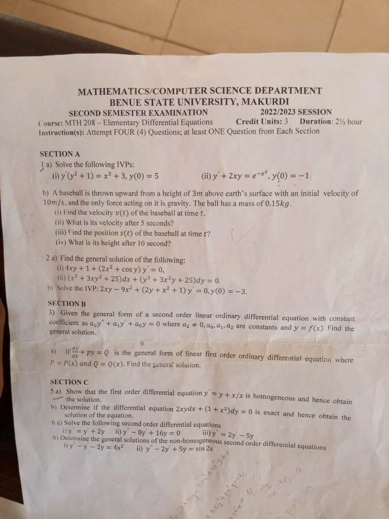 Solutions for Mth 208 Past Questions. 2022 | PDF