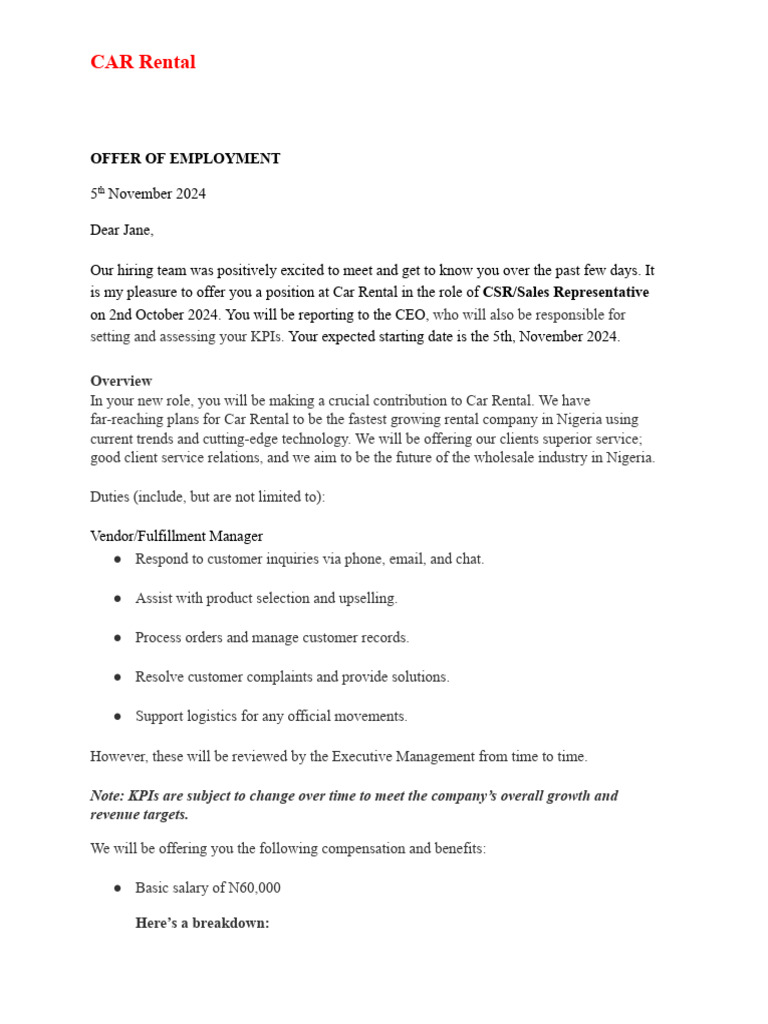 Car Rental Job Offer Letter | PDF | Identity Document | Business