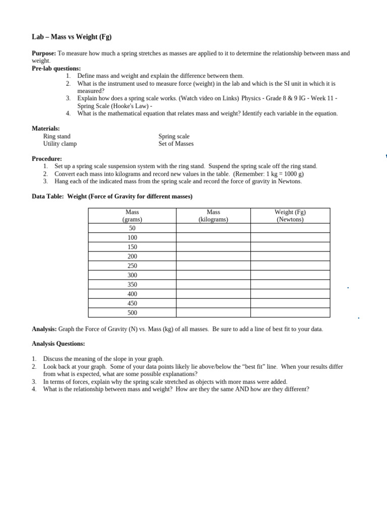 Mass vs Weight Lab Analysis | PDF