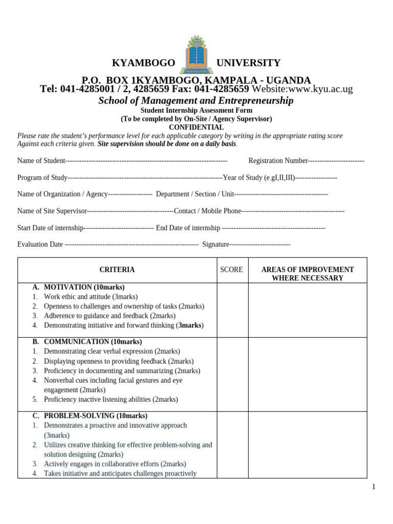 Kyambogo University Internship Assessment Form | PDF | Communication | Social Psychology