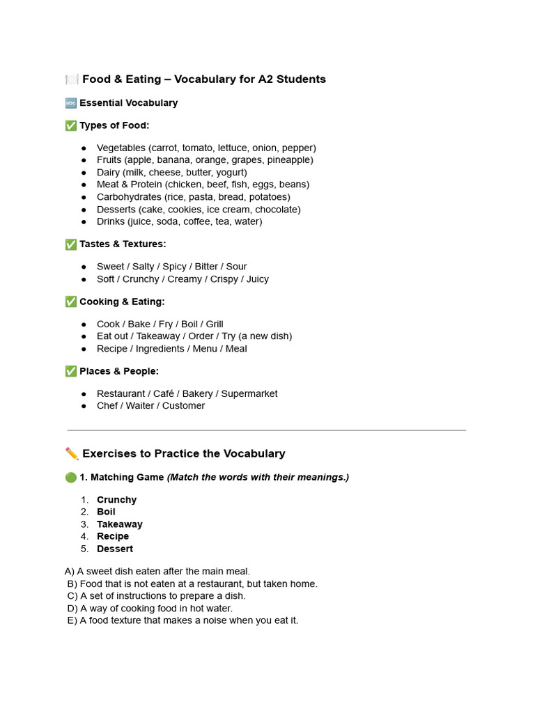 ? Food & Eating - Vocabulary For A2 Students | PDF | Foods | Cooking