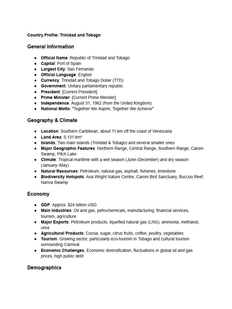 Trinidad and Tobago Country Profile | PDF | Trinidad And Tobago | Tobago