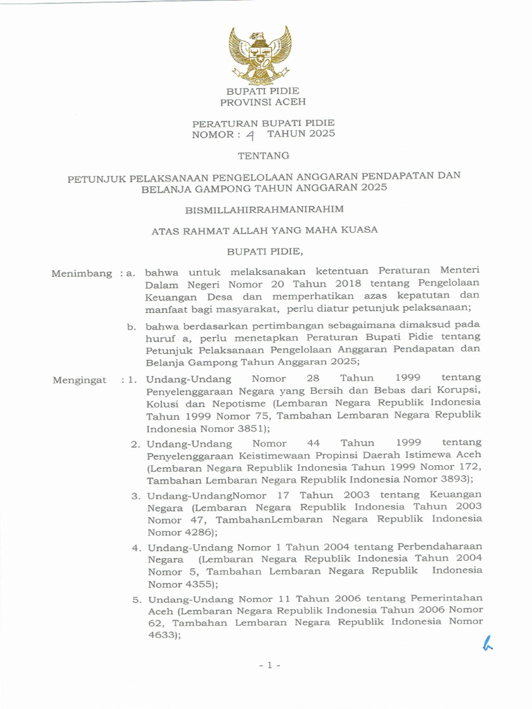 Perbub Petunjuk Pelaksanaan Pengelolaan Apbg Tahun Anggaran 2025 | PDF