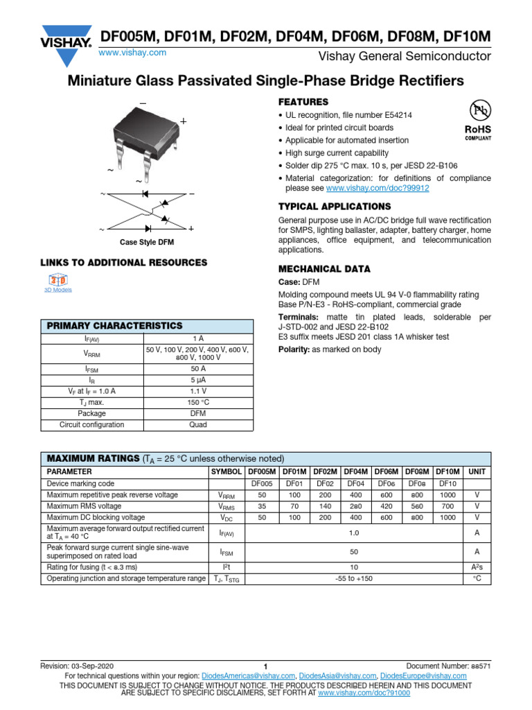 DF005M, DF01M, DF02M, DF04M, DF06M, DF08M, DF10M: Vishay General Semiconductor | PDF | Rectifier ...