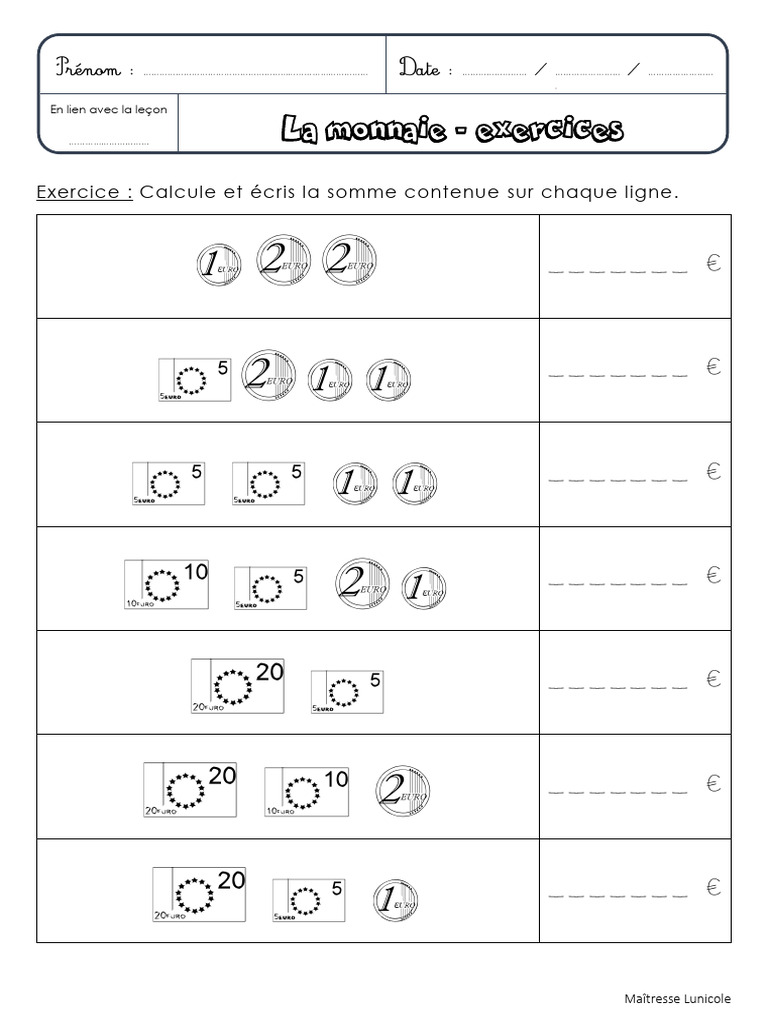 Exercices de Monnaie pour CP | PDF | Devises | Argent